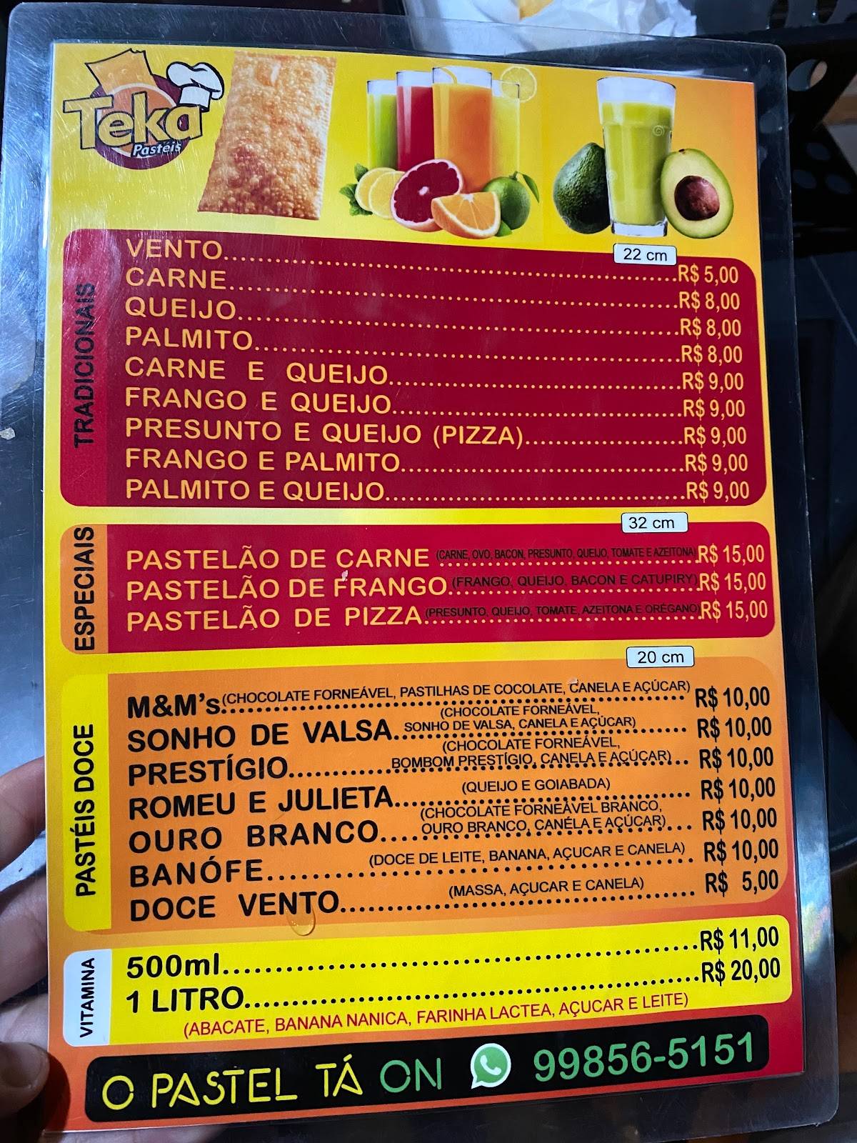 Menu at Teka Pastéis restaurant, Londrina