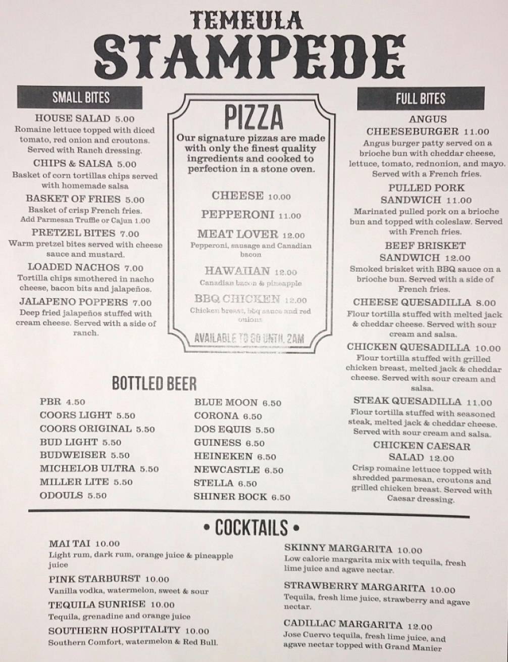 Menu at Temecula Stampede pub & bar, Temecula