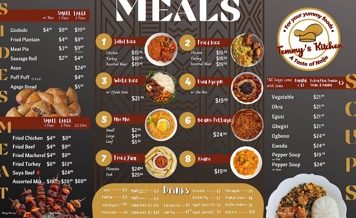 Menu au Temmy's Kitchen restaurant, Hamilton