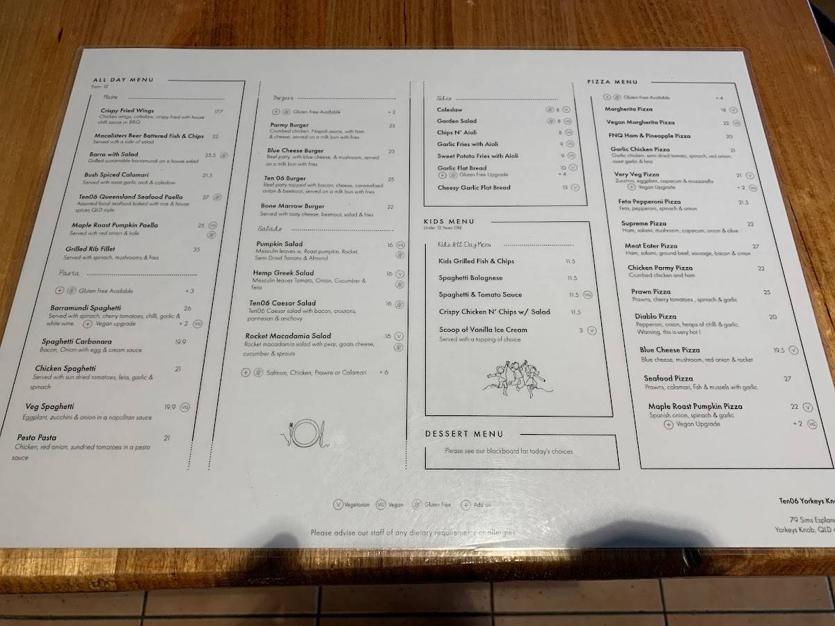 Menu at Ten 06 restaurant, Yorkeys Knob