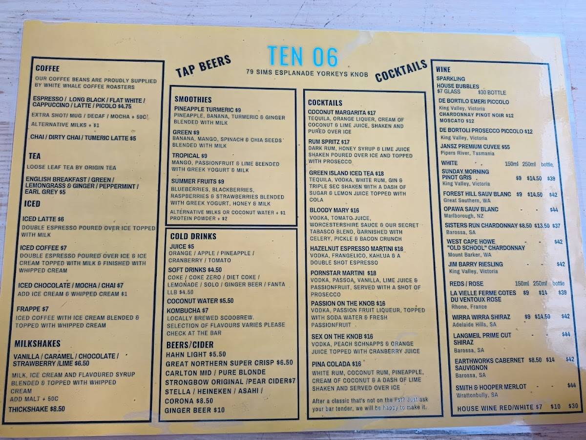 Menu at Ten 06 restaurant, Yorkeys Knob