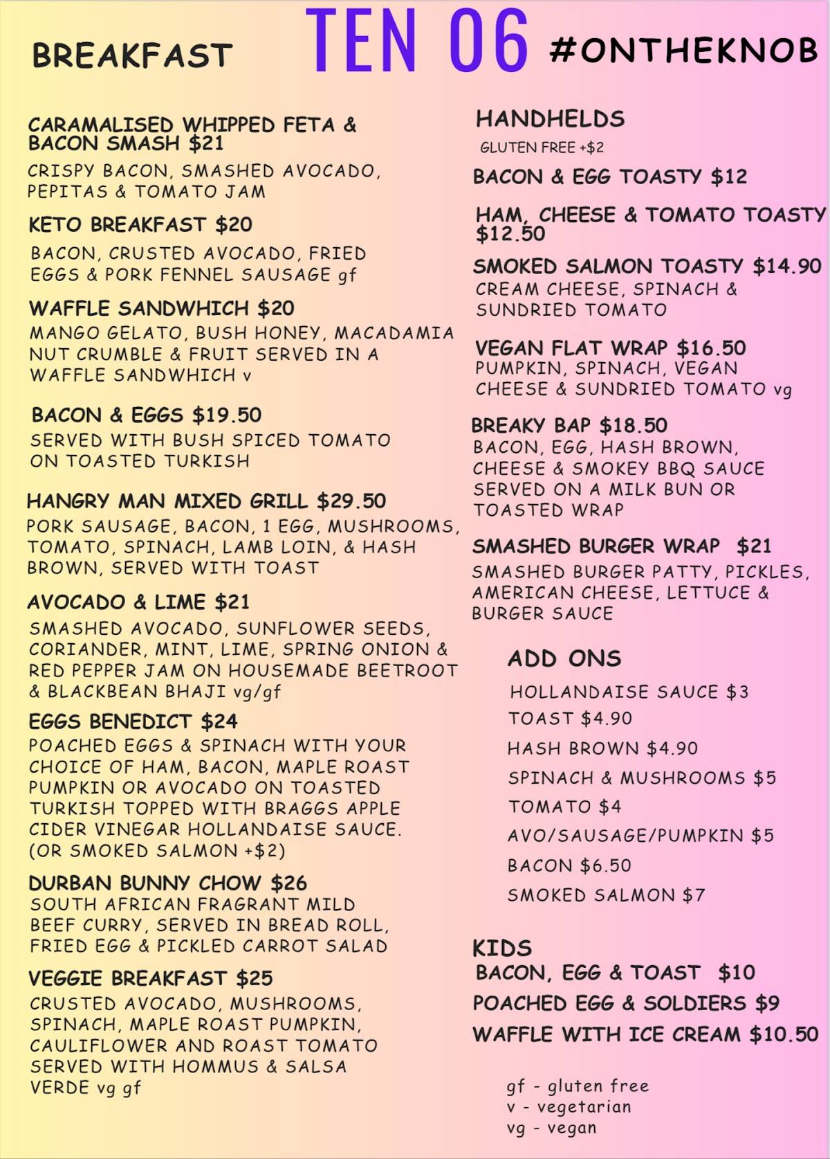 Menu at Ten 06 restaurant, Yorkeys Knob