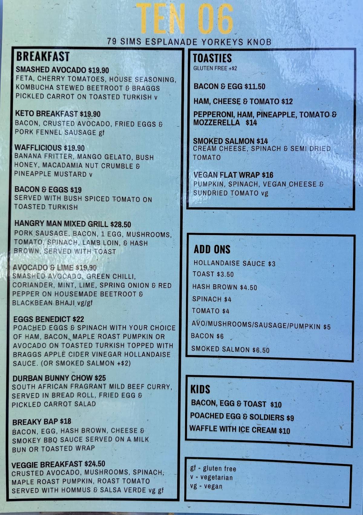 Menu at Ten 06 restaurant, Yorkeys Knob