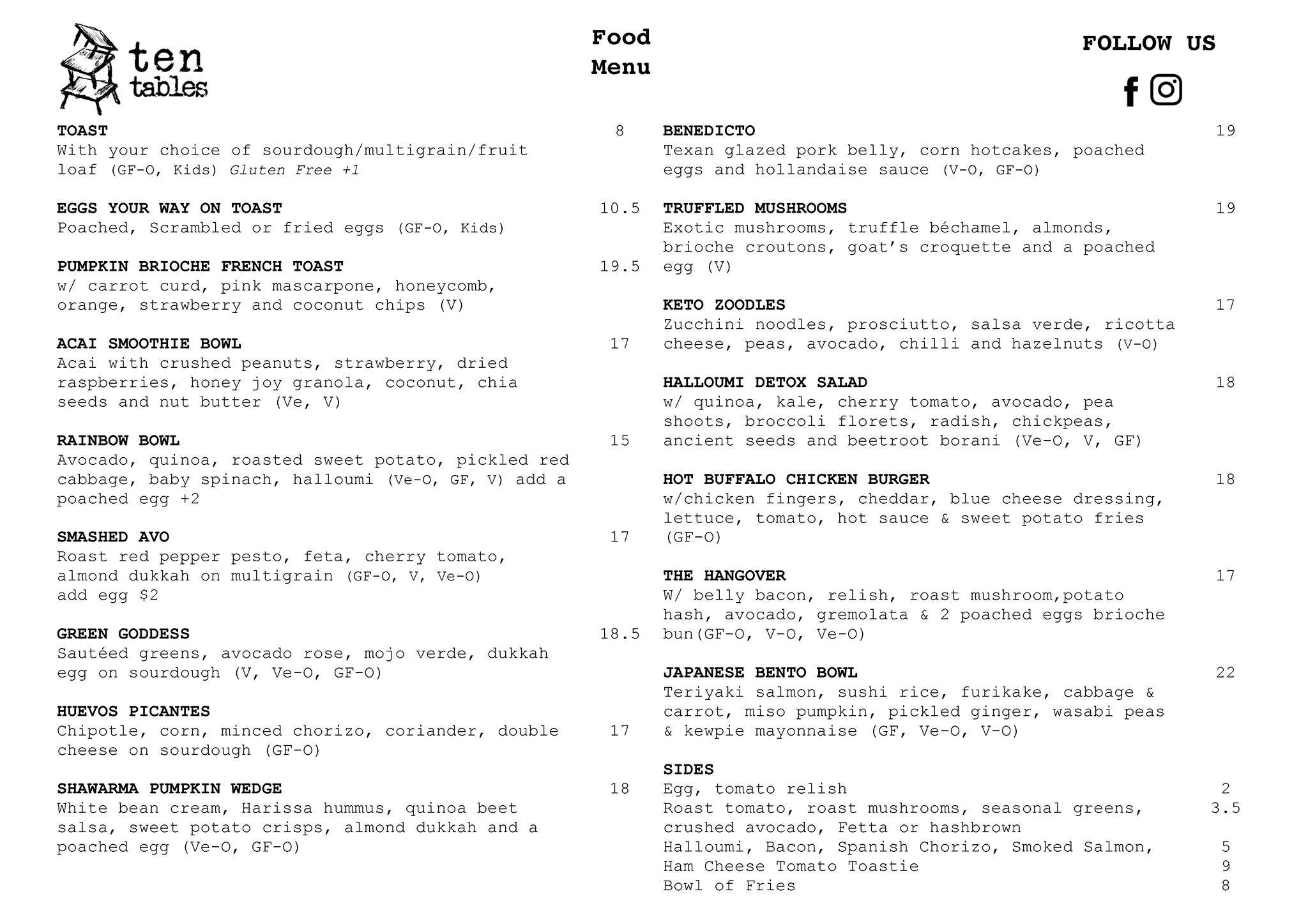 Menu at Ten Tables cafe, Brunswick East