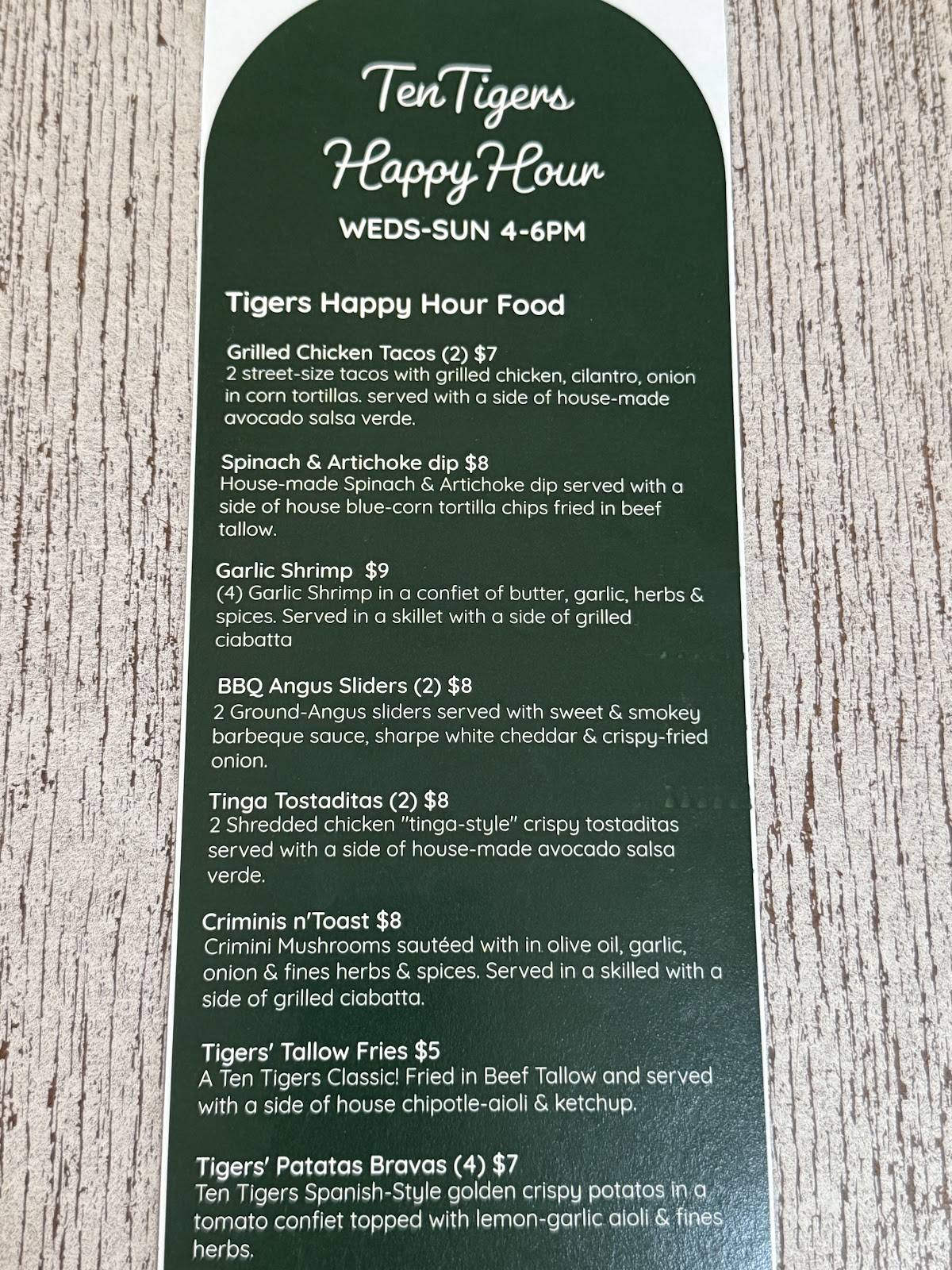 Menu at Ten Tigers Bar, Ventura