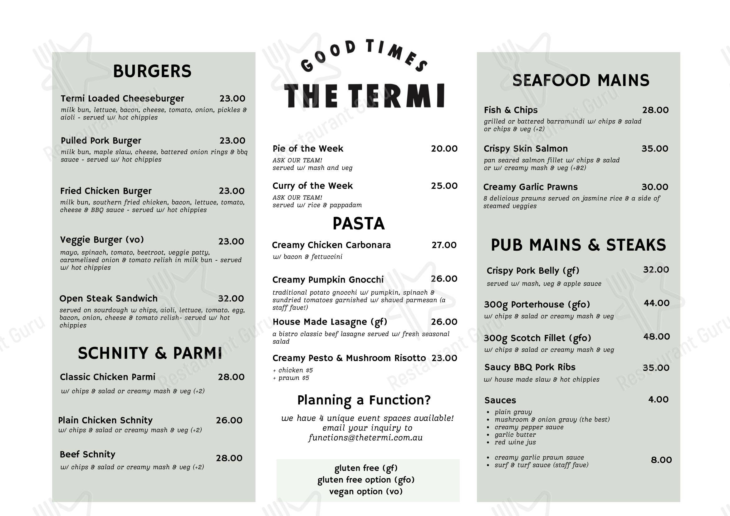 Carta del pub y bar Terminus Hotel, Shepparton