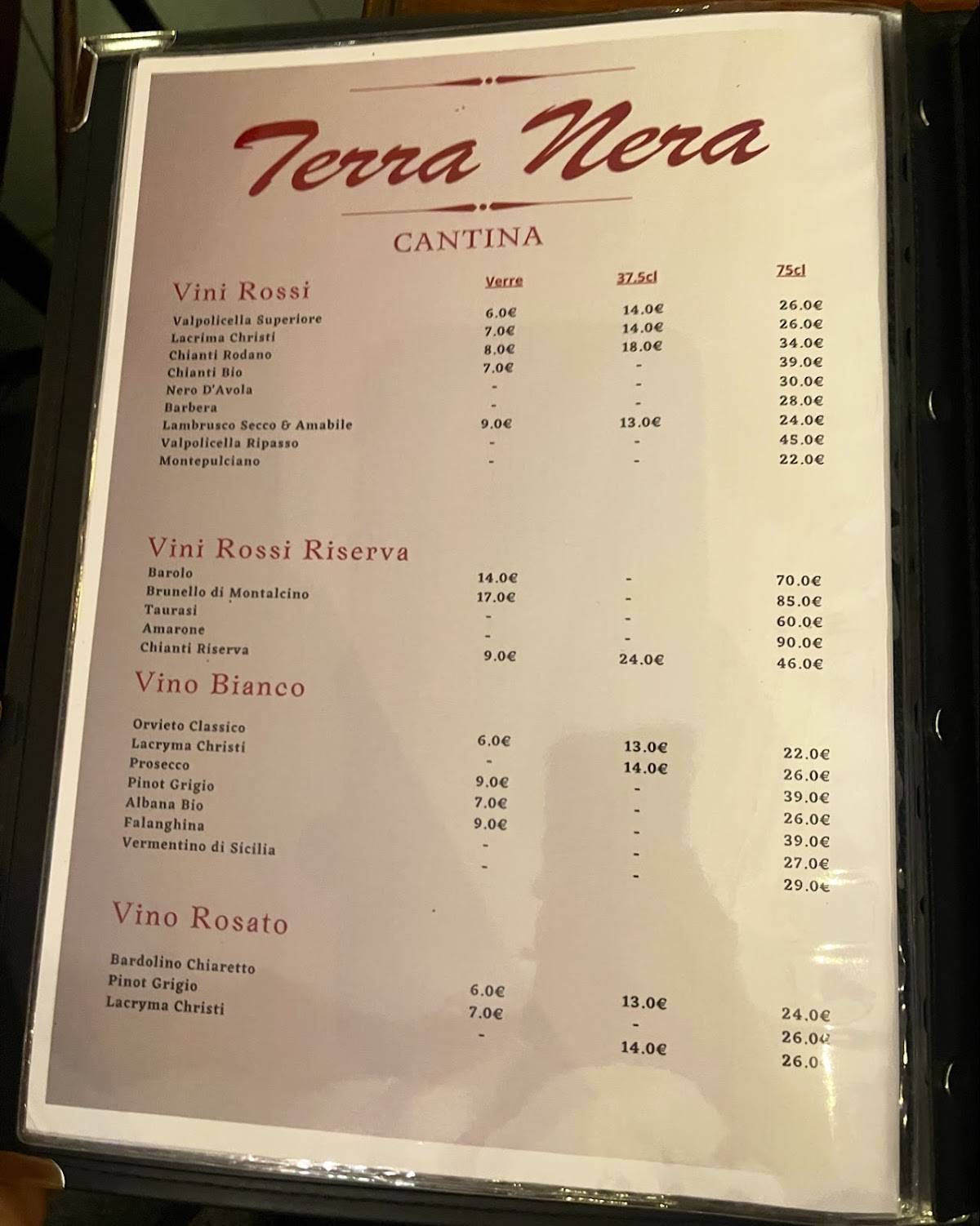 Menu at Terra Nera restaurant, Paris