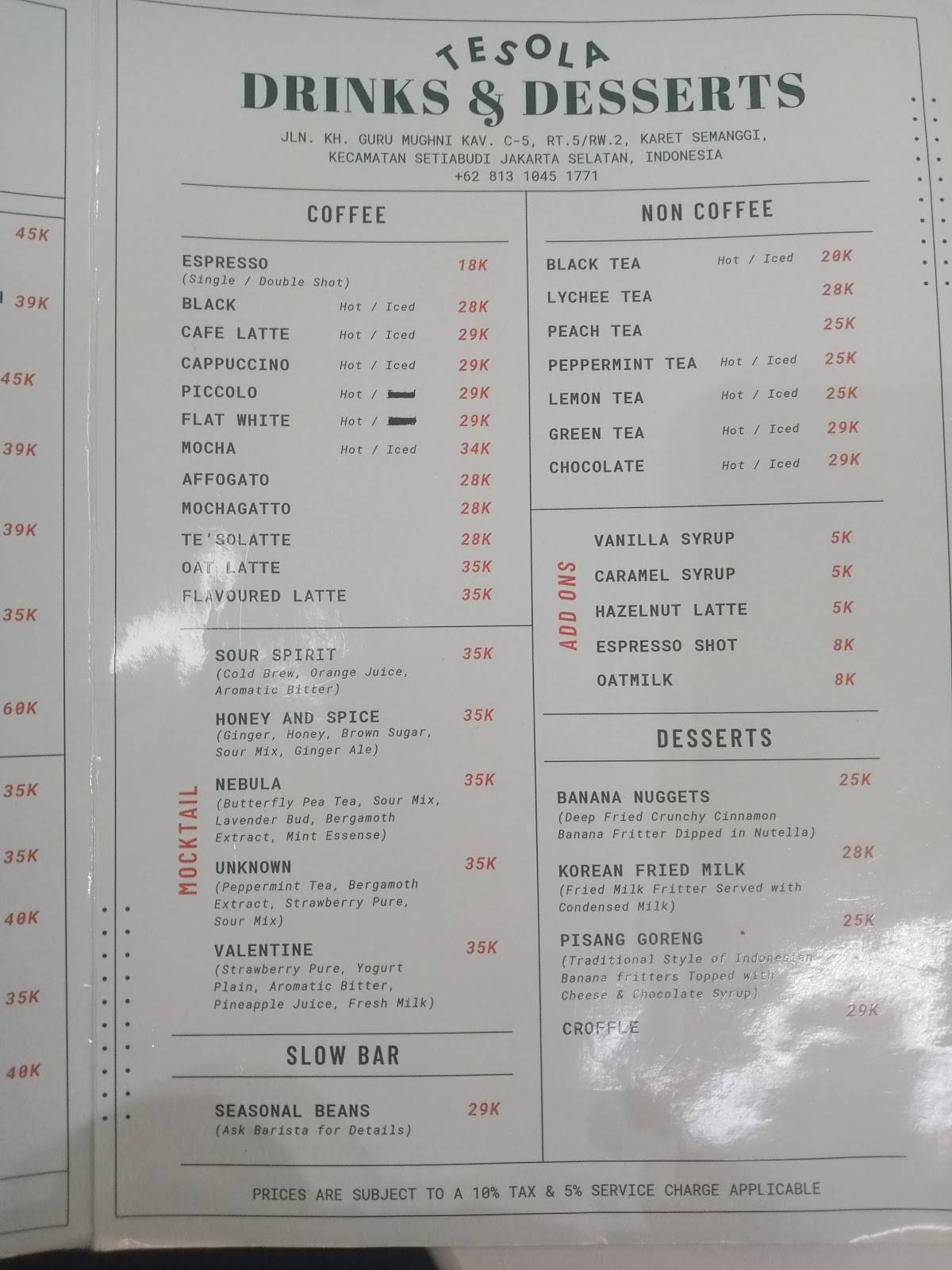 Menu at Te'sola Cafe, South Jakarta