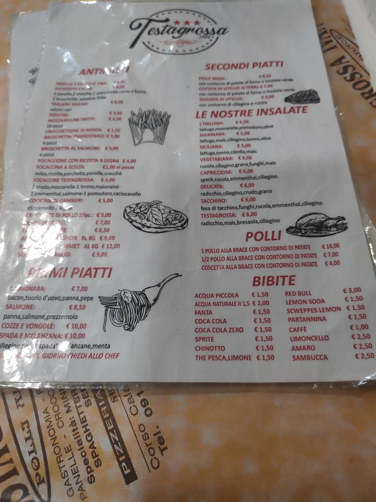 Menu da Testagrossa pizzeria, Palermo, C.so Calatafimi