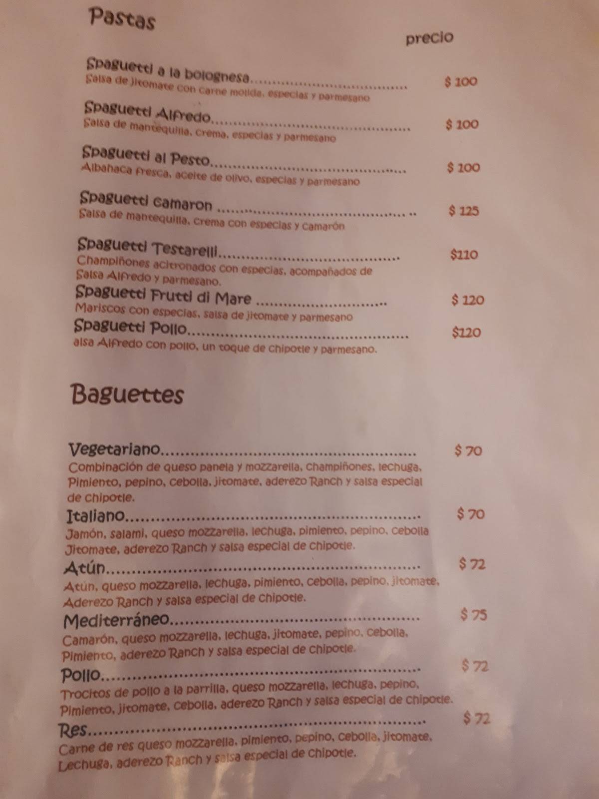 Menu at Testarelli restaurant, Tepic