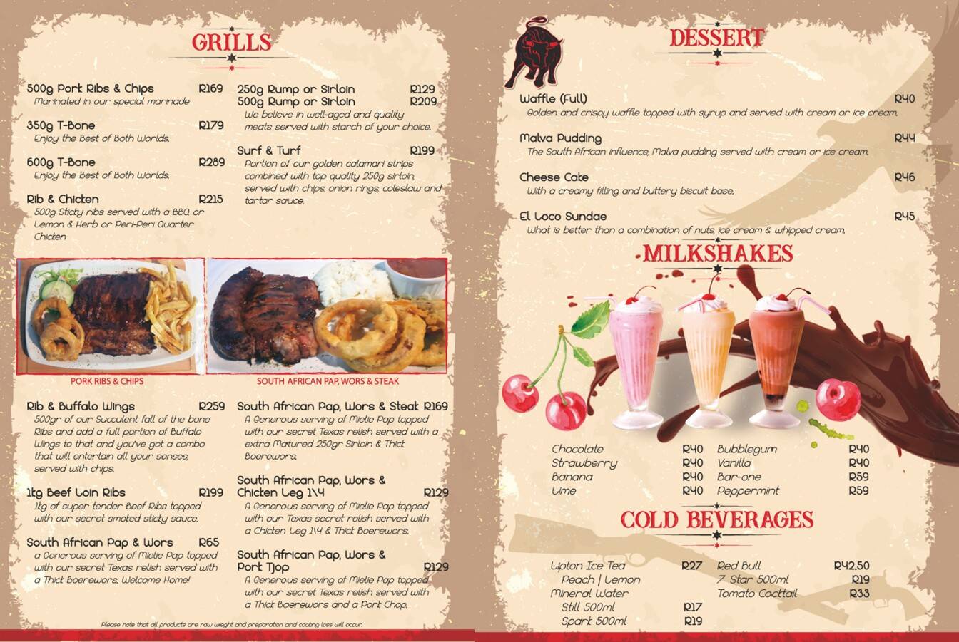 Menu at Texas Grill restaurant, George