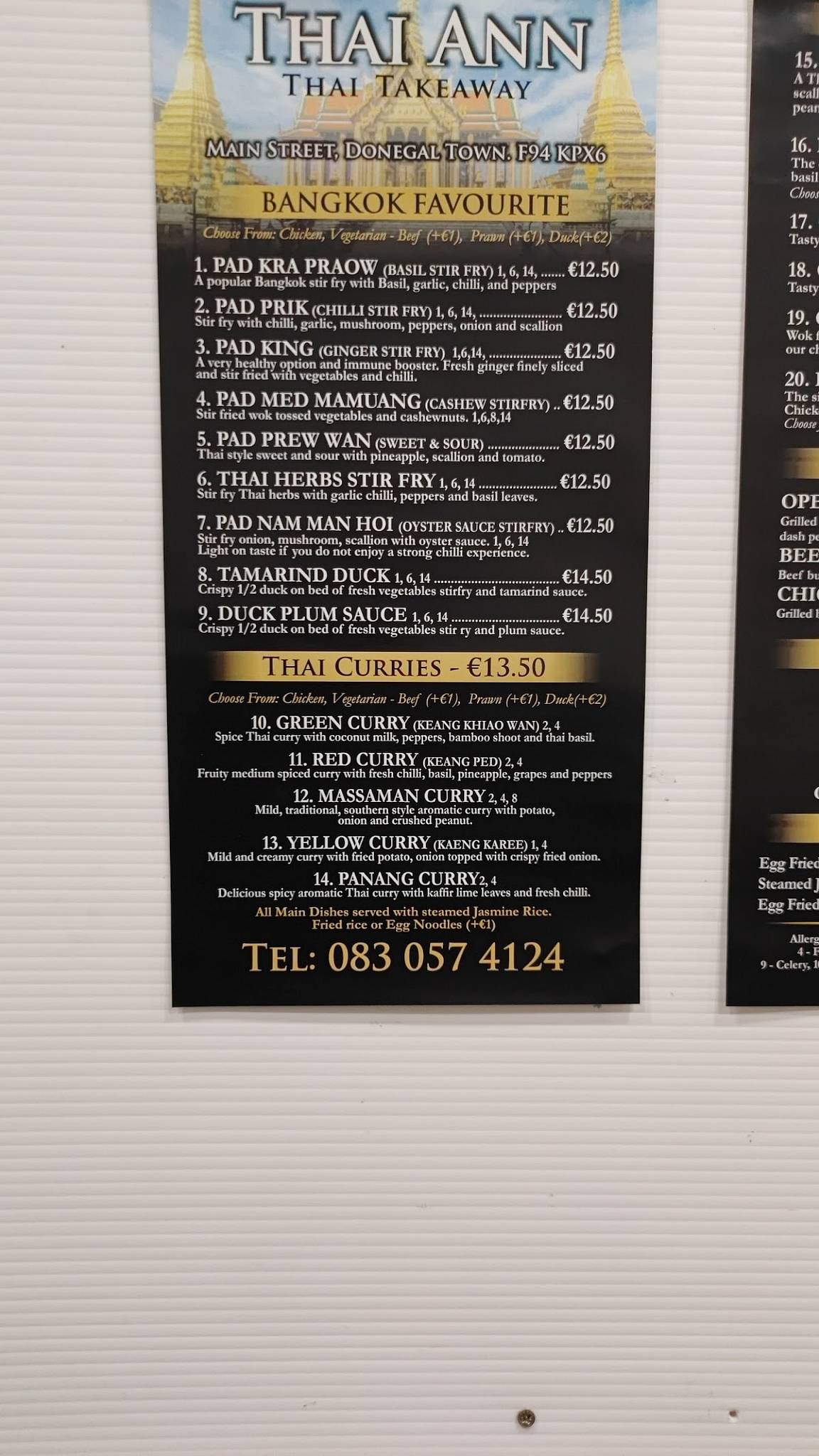 Menu at Thai Ann restaurant, Donegal