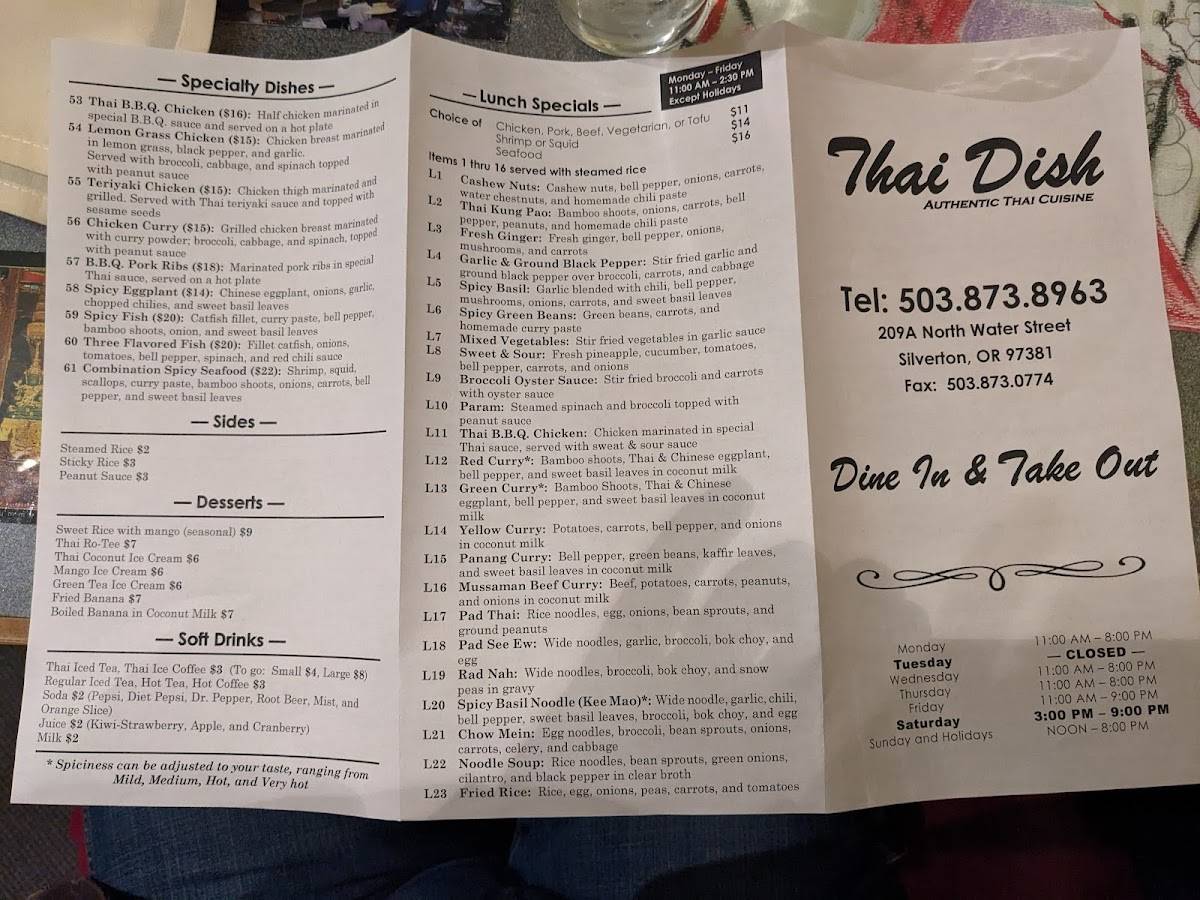 Menu at Thai Dish Cuisine restaurant, Silverton