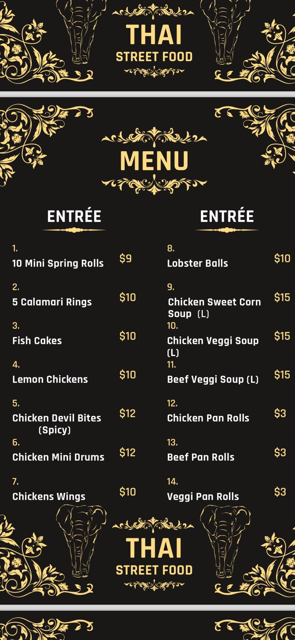 Menu at Thai Street Food restaurant, Bentleigh