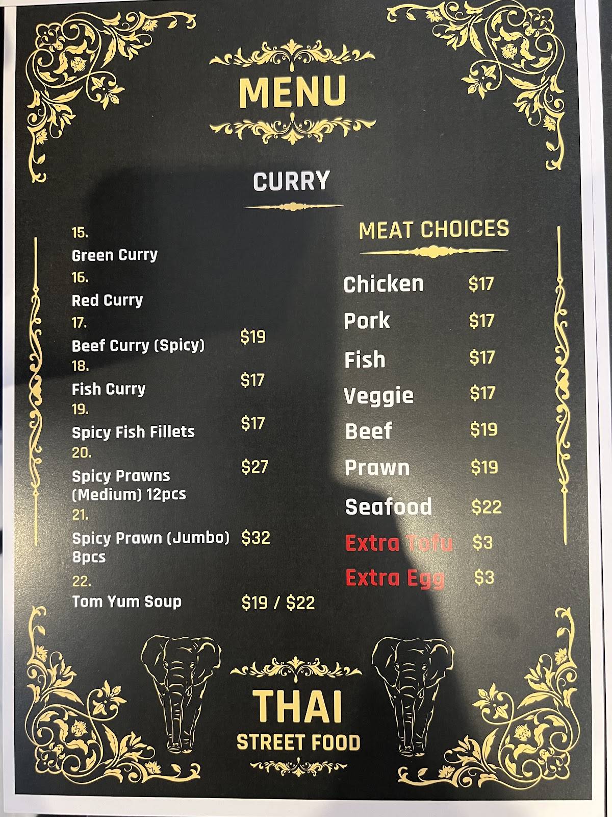 Menu at Thai Street Food restaurant, Bentleigh
