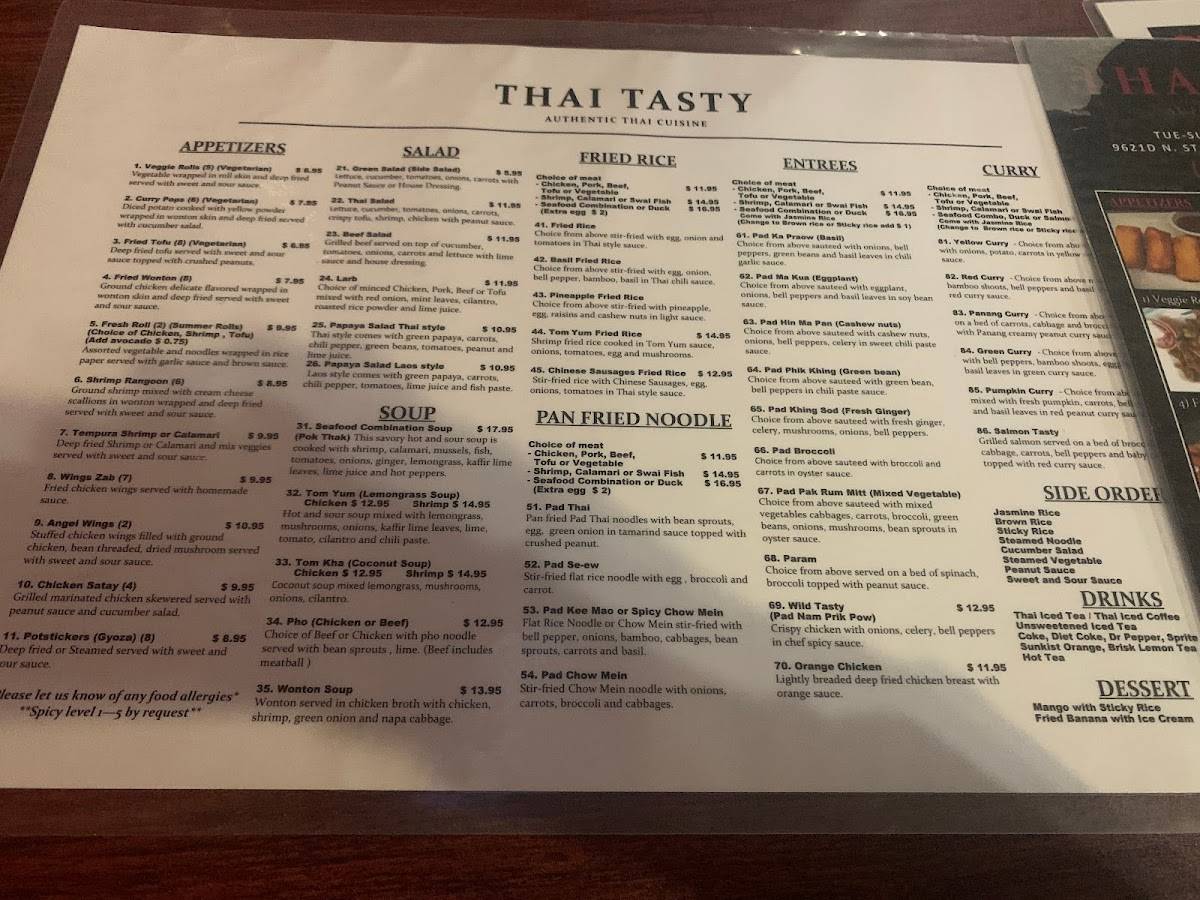 Menu at Thai Tasty restaurant, Redwood Valley