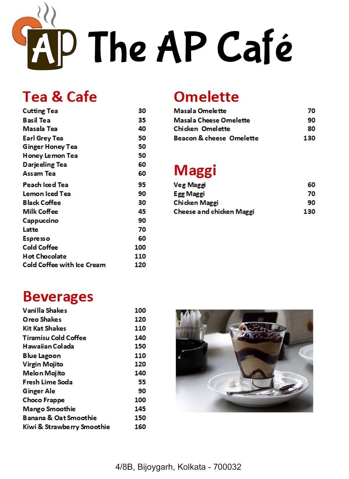 Menu at The AP Cafe, Kolkata