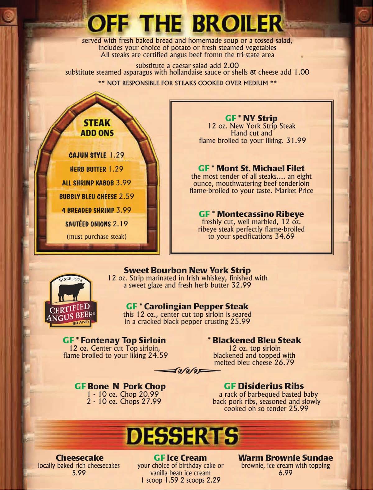 Menu at The Abbey steakhouse, Quincy
