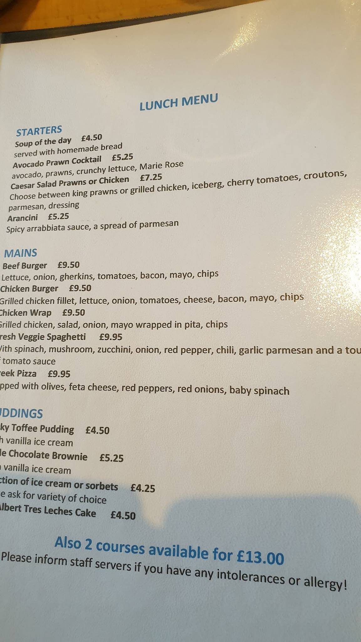 Menu at The Albert Bar/restaurant, Tamworth