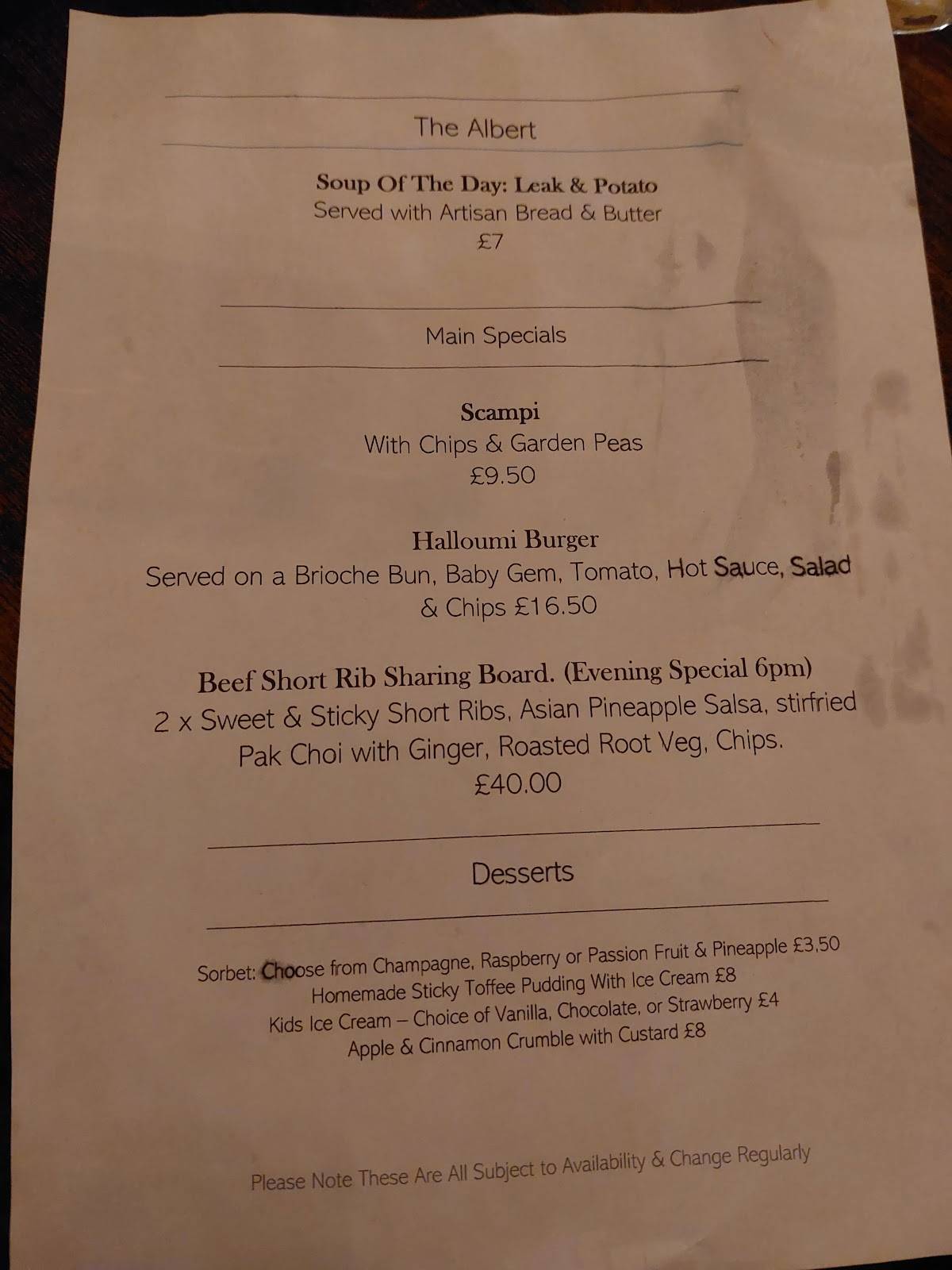 Menu at The Albert pub & bar, Bowness-on-Windermere