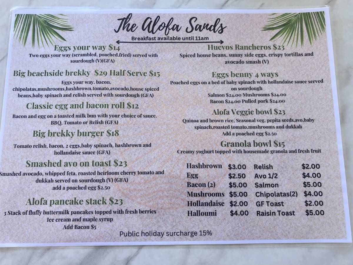 Menu at The Alofa Sands Surf Club Cafe, Nambucca Heads