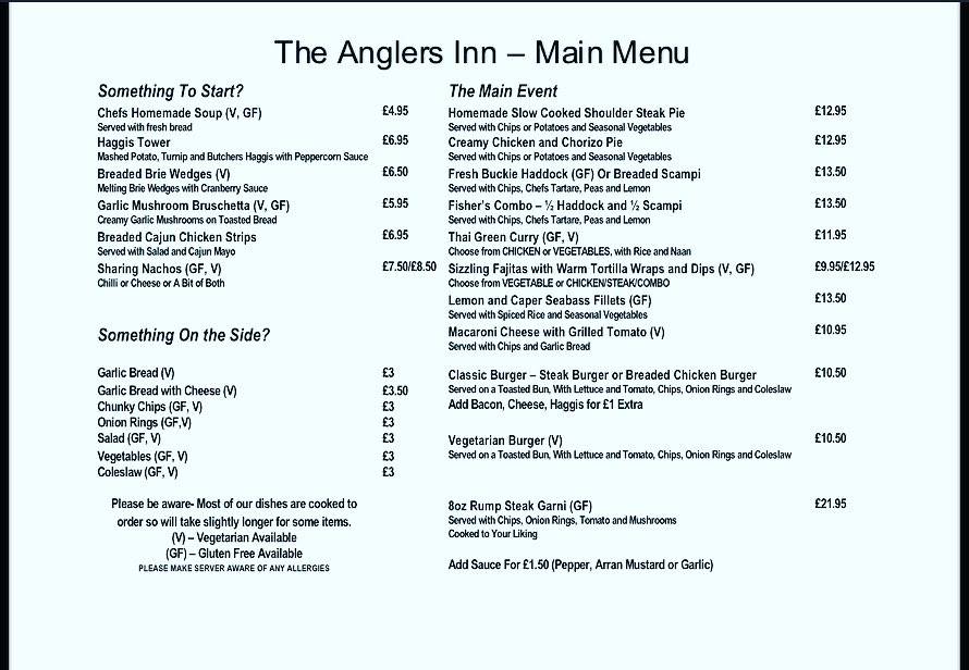 Menu at The Anglers Inn pub & bar, Perth, Main Rd