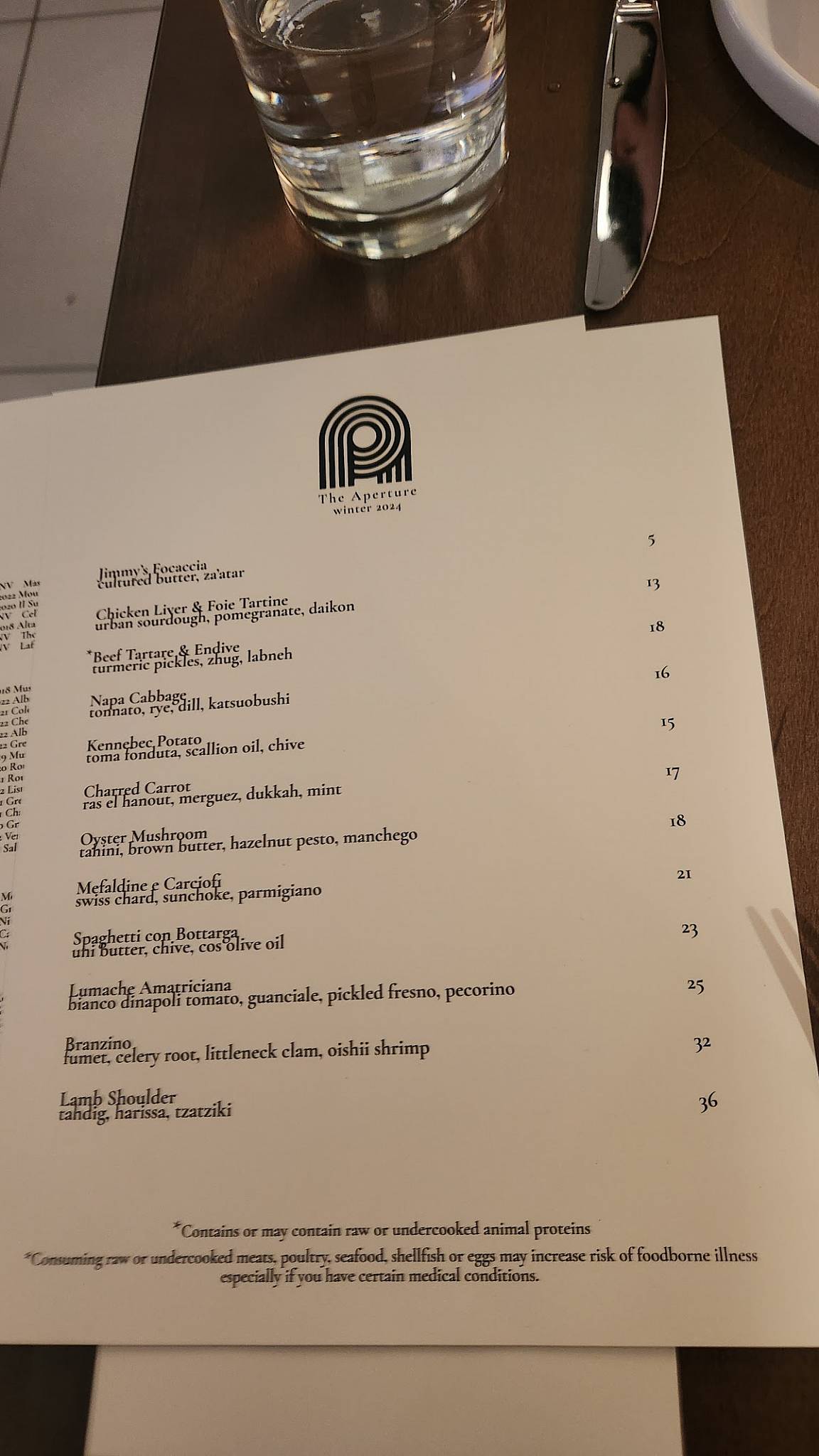 Menu at The Aperture restaurant, Cincinnati