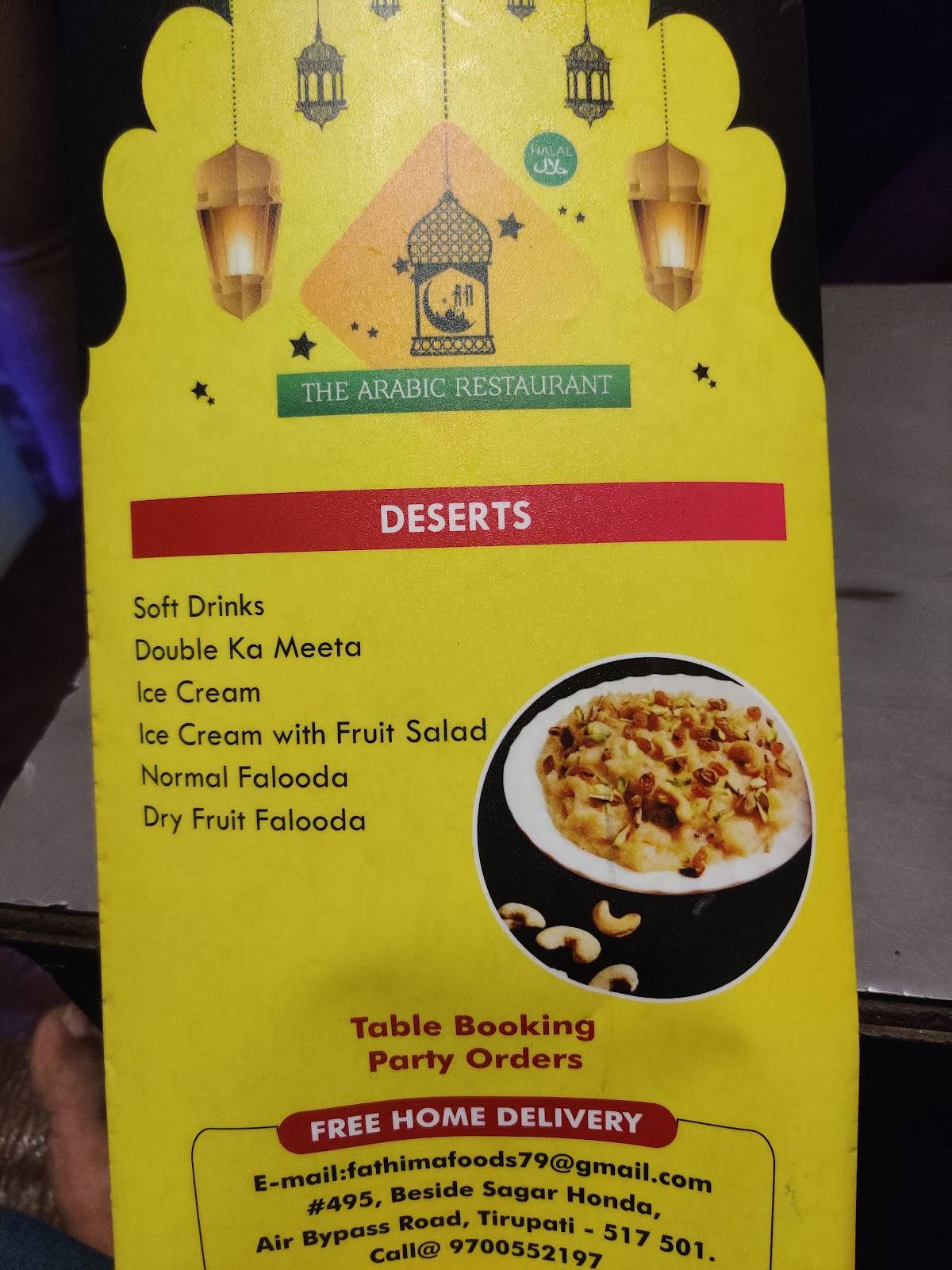Menu at The Arabian Nights Restaurant, Tirupati