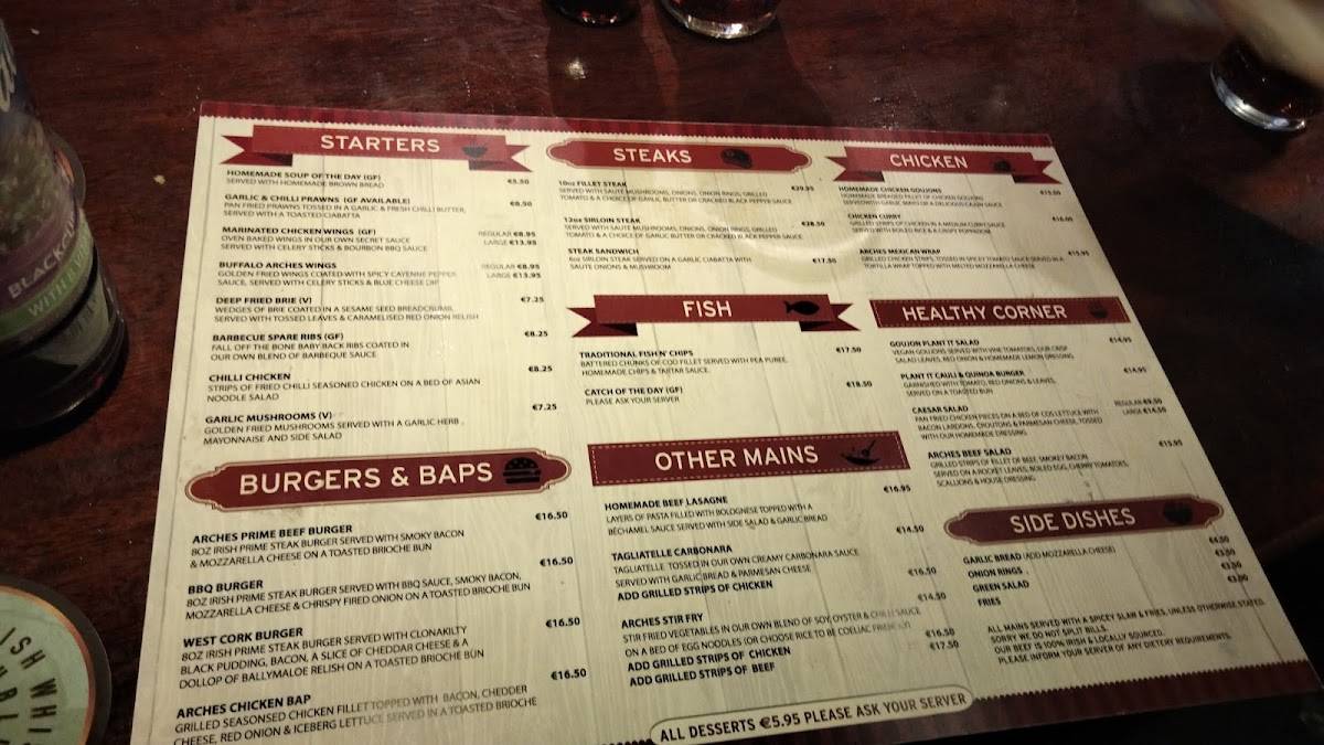 Menu at The Arches Bar & Restaurant, Mallow
