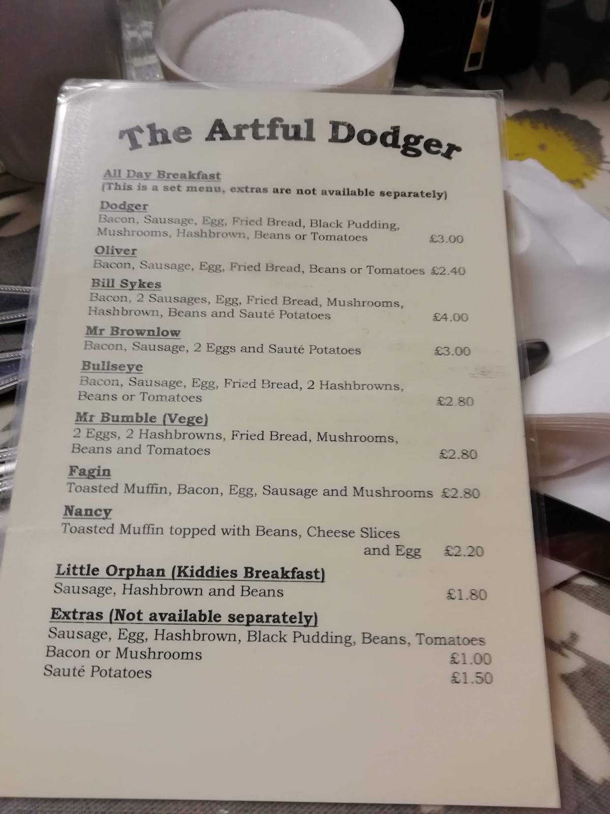 Menu at The Artful Dodger cafe, Burnham-on-Sea