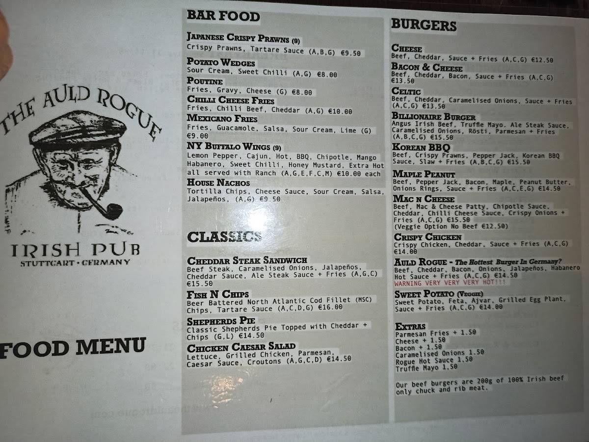Carta de The Auld Rogue Irish Pub, Stuttgart