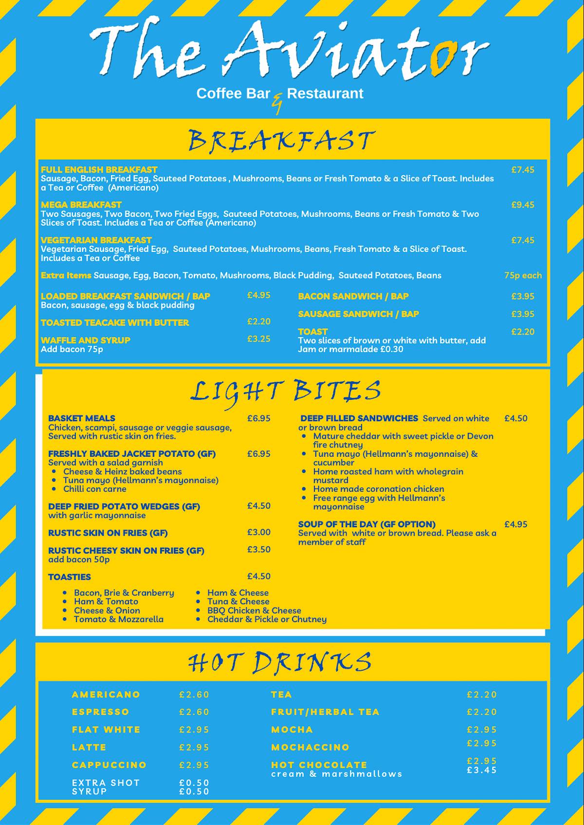 Menu at The Aviator Coffee Bar and Restaurant, Dunkeswell