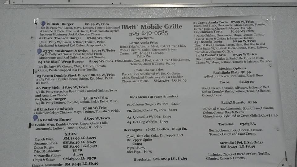 Menu at The Badlands Mobile Grille restaurant, Cottonwood