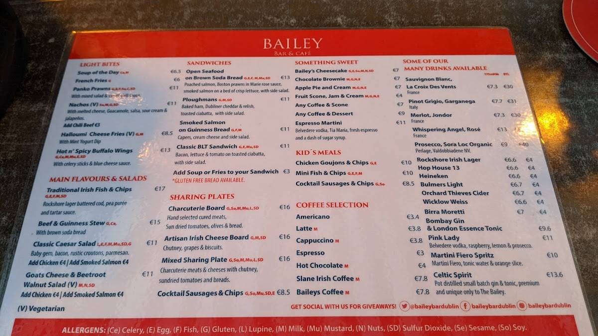 Menu at The Bailey - Cafe and Bar, Dublin, 1-4 Duke St