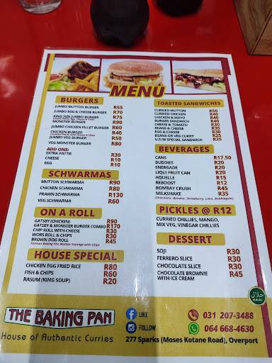 Menu at The Baking Pan restaurant, Durban