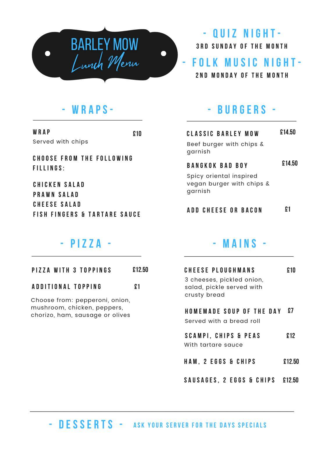 Menu at The Barley Mow, Upper Heyford