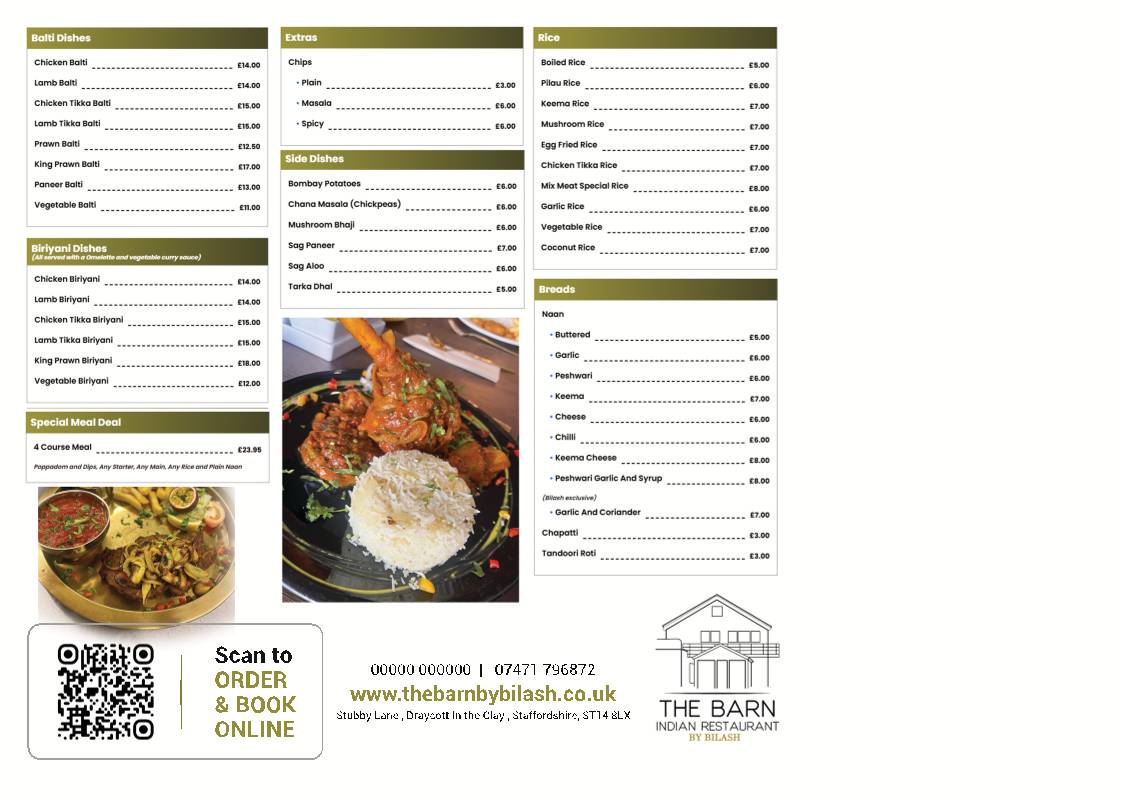 Menu at The Barn By Bilash, Uttoxeter, The New Barn Indian Restaurant
