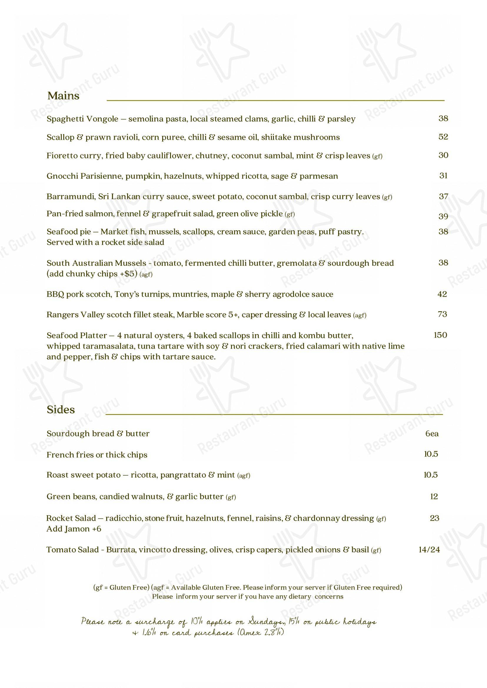 Menu at The Basin Dining Room restaurant, Mona Vale