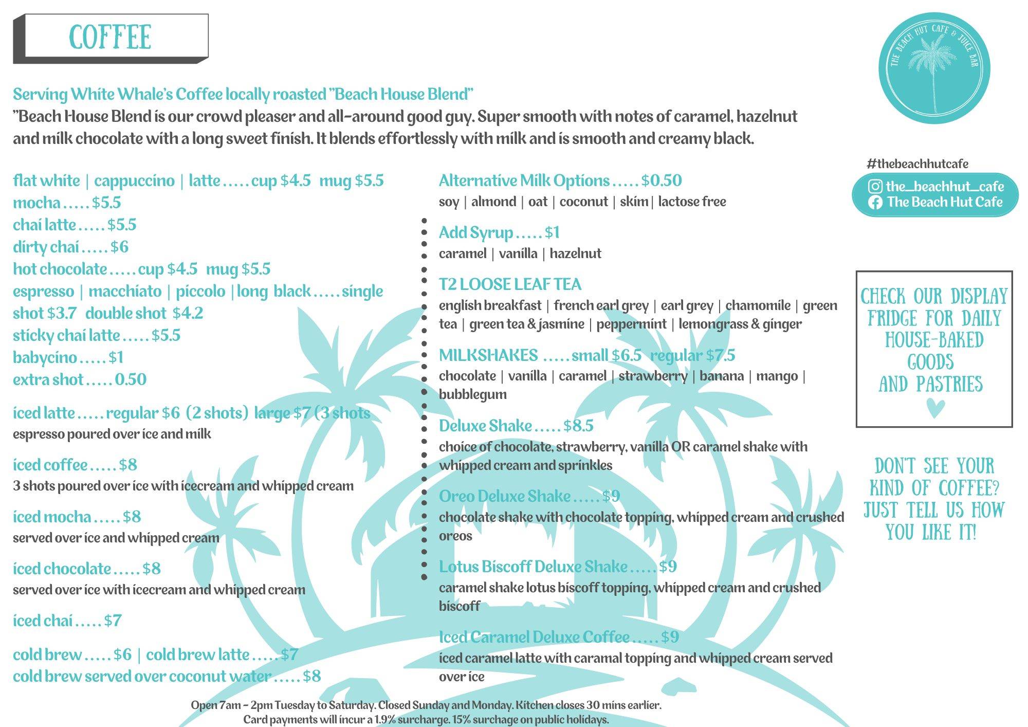 Menu at The Beach Hut Cafe & Juice Bar, Palm Cove