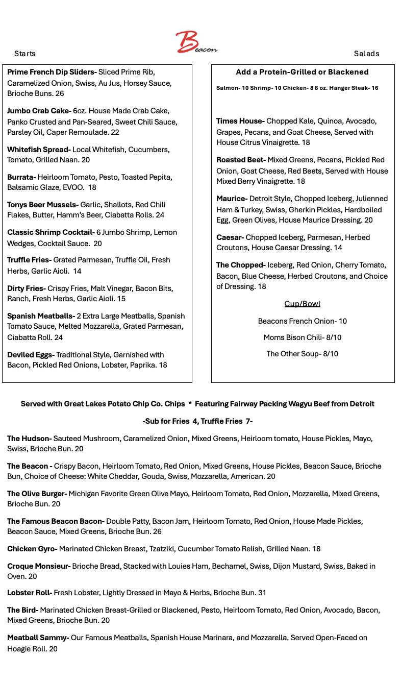 Menu at The Beacon Bistro restaurant, Petoskey
