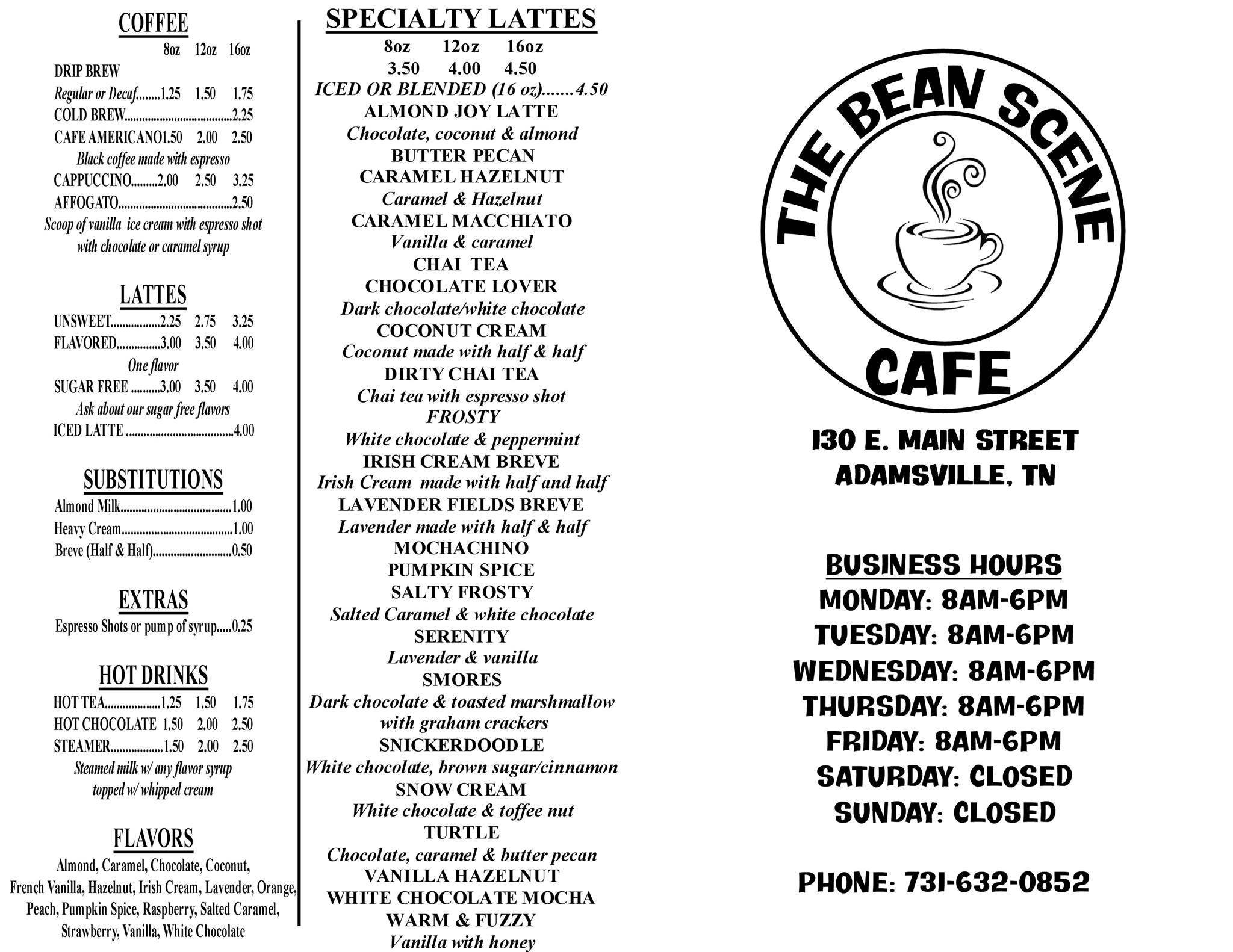 Menu at The Bean Scene cafe, Adamsville