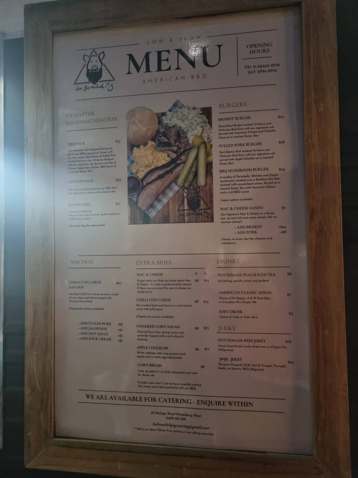Menu at The Bearded Pig restaurant, Heidelberg West