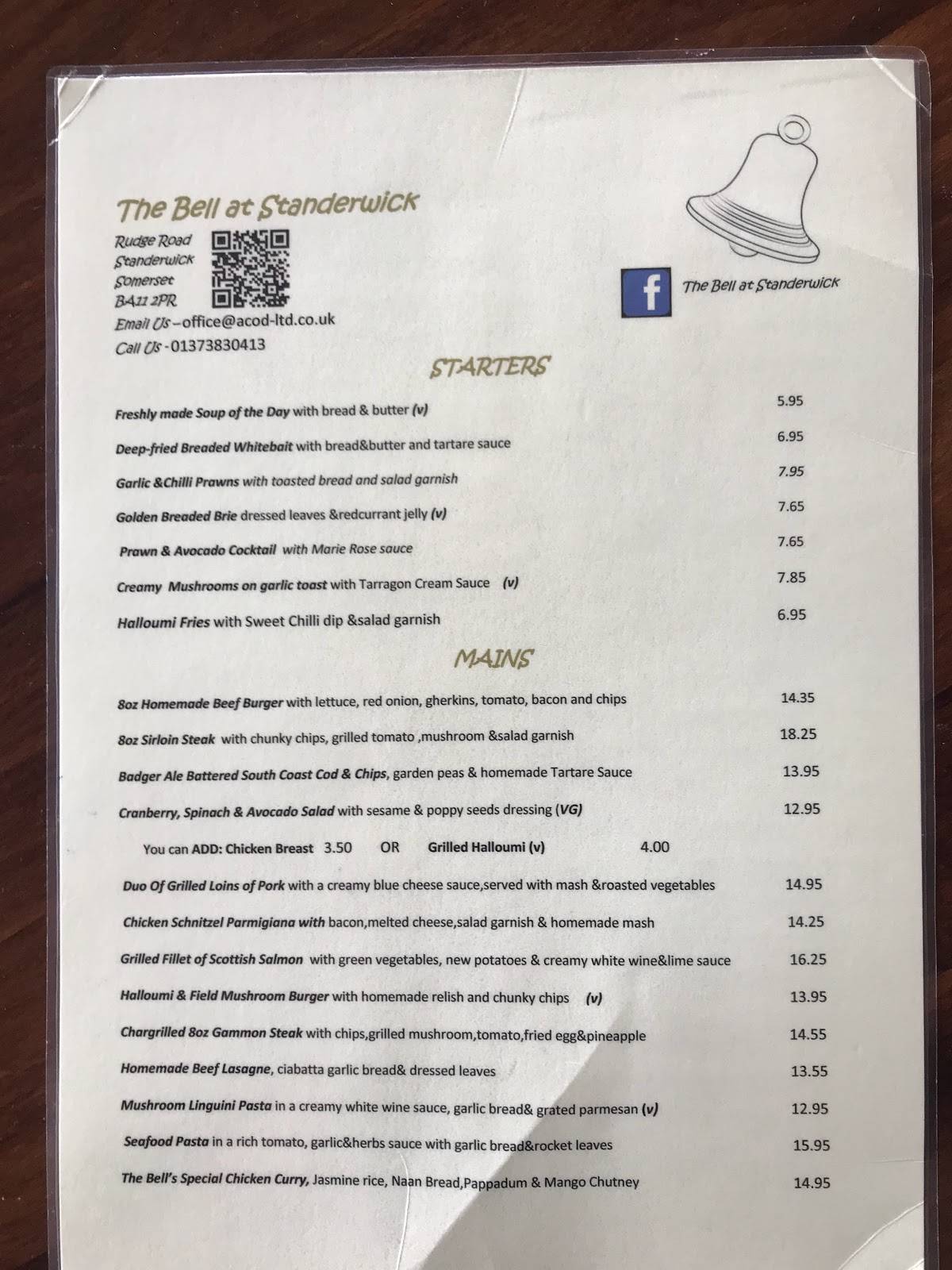 Menu at The Bell pub & bar, Frome, Rudge Rd