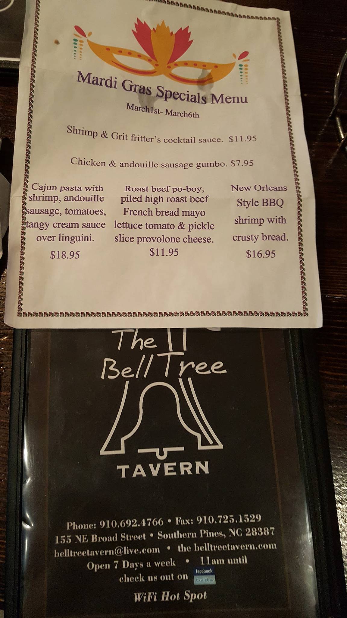 Menu at The Bell Tree Tavern pub & bar, Southern Pines
