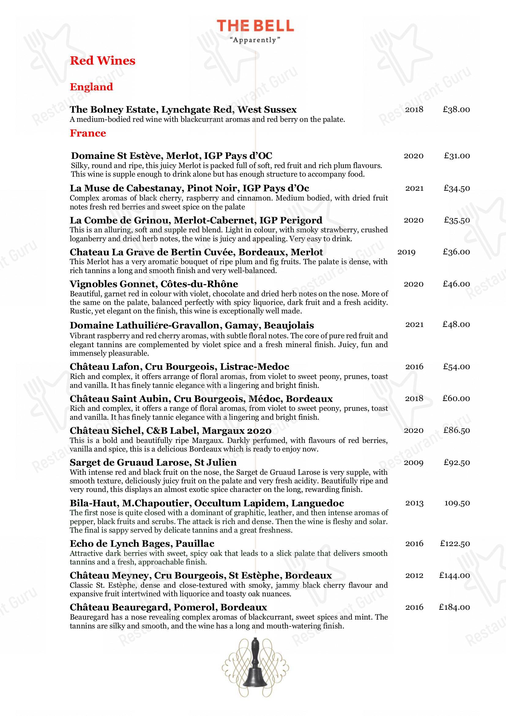 Menu at The Bell In Ticehurst restaurant, Wadhurst
