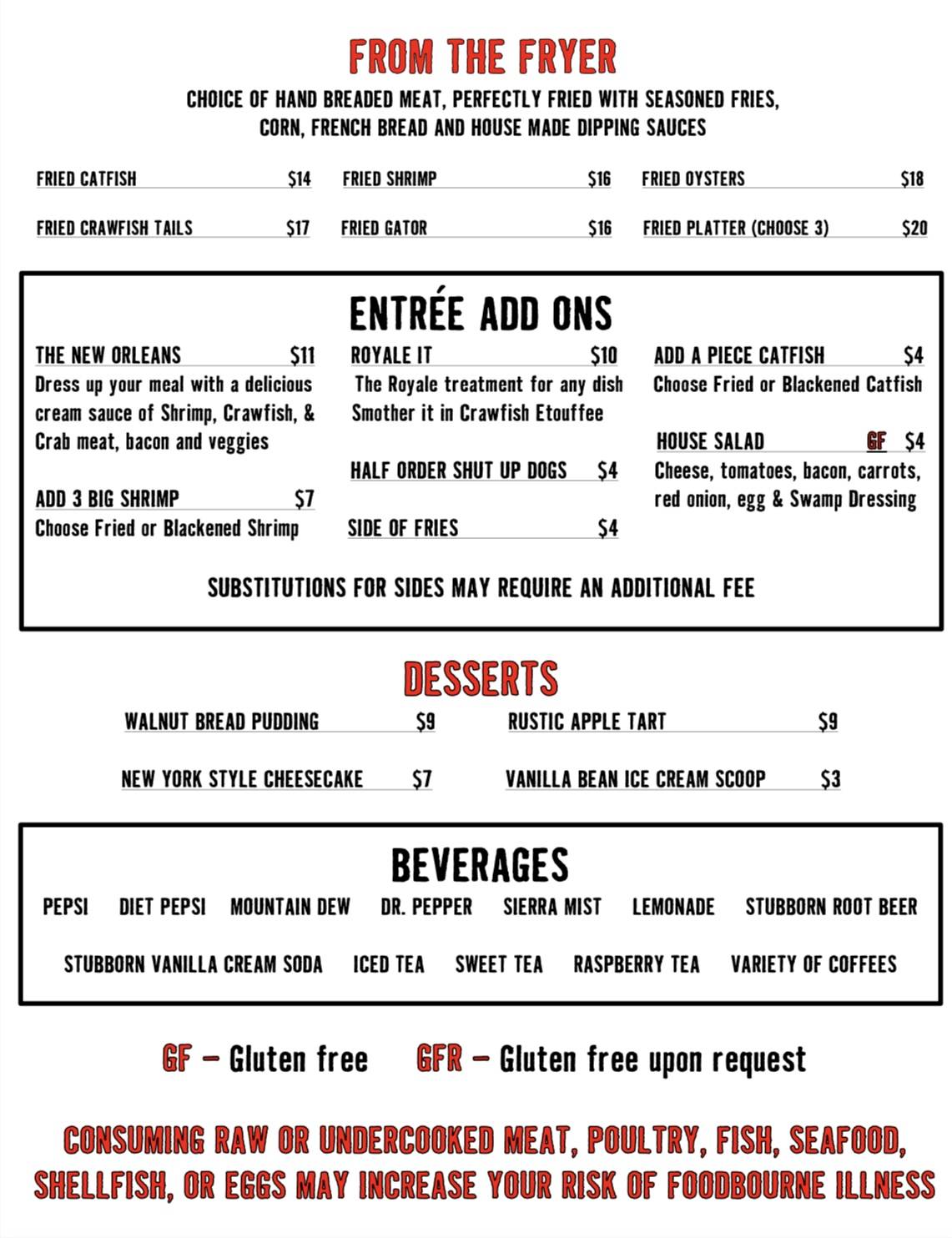 Menu at The Big Easy restaurant, Yukon