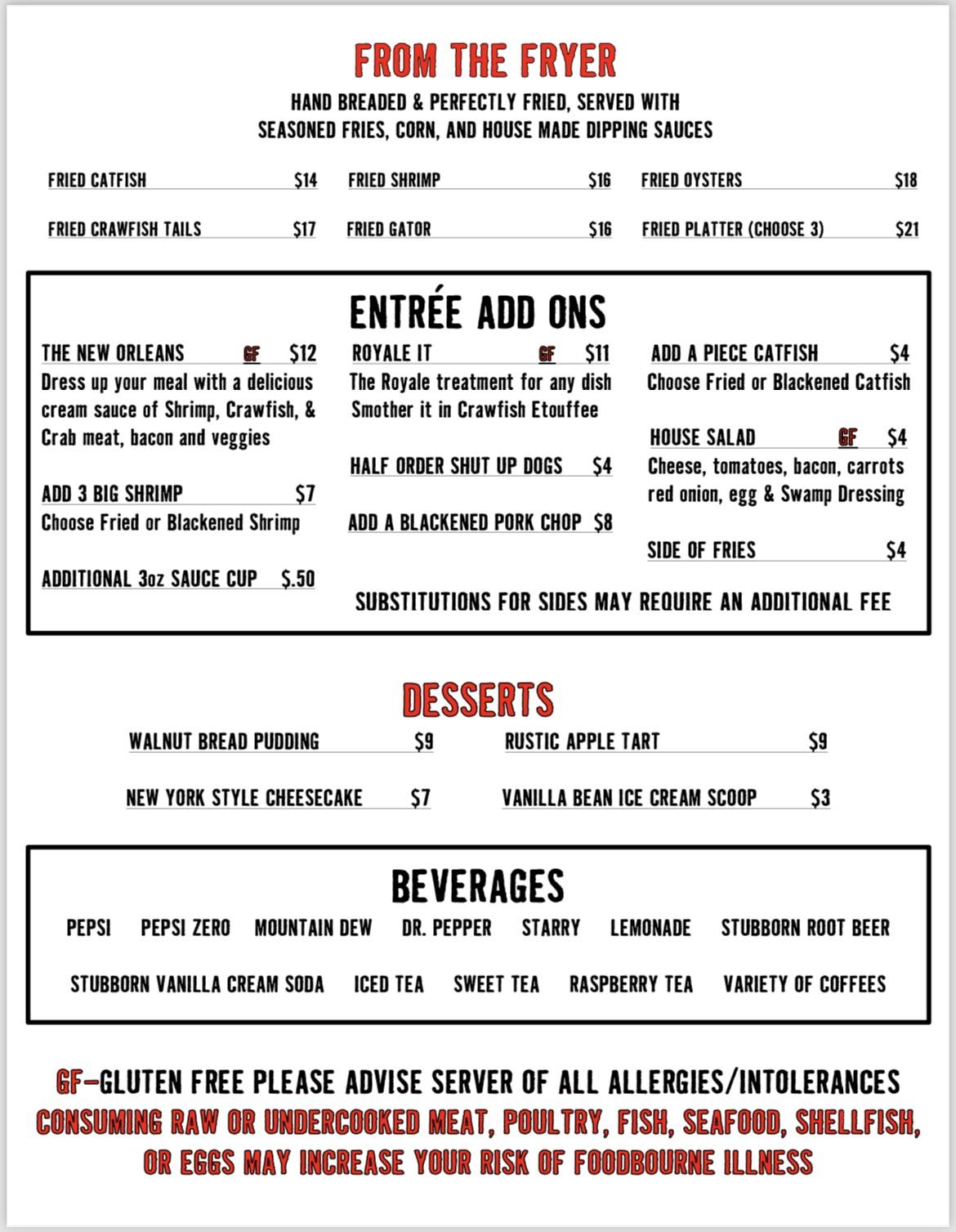 Menu at The Big Easy restaurant, Yukon