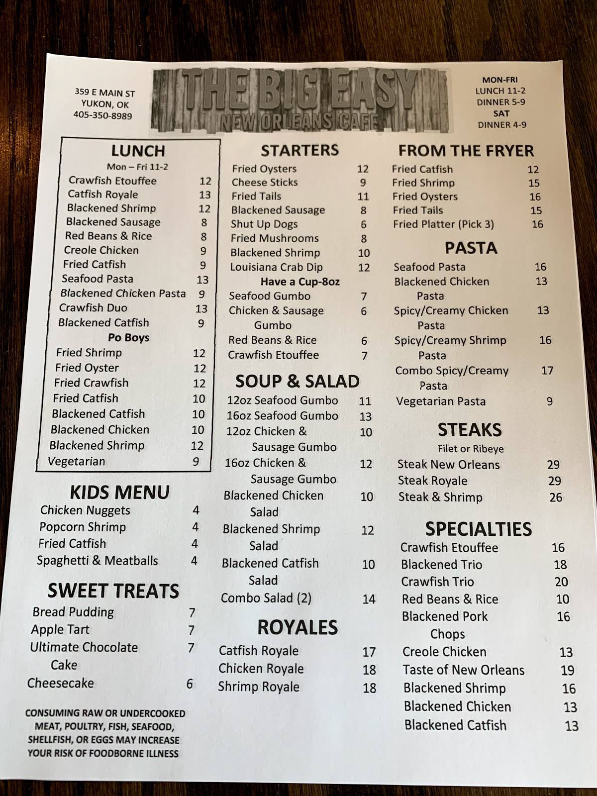 Menu at The Big Easy restaurant, Yukon