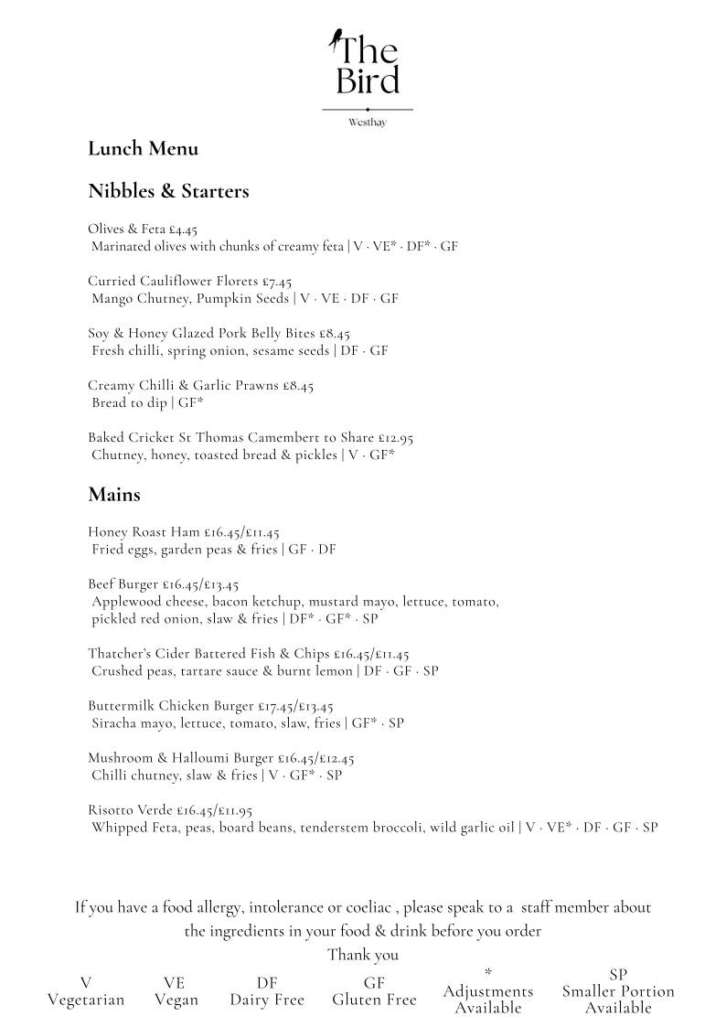 Menu at The Bird pub & bar, Westhay