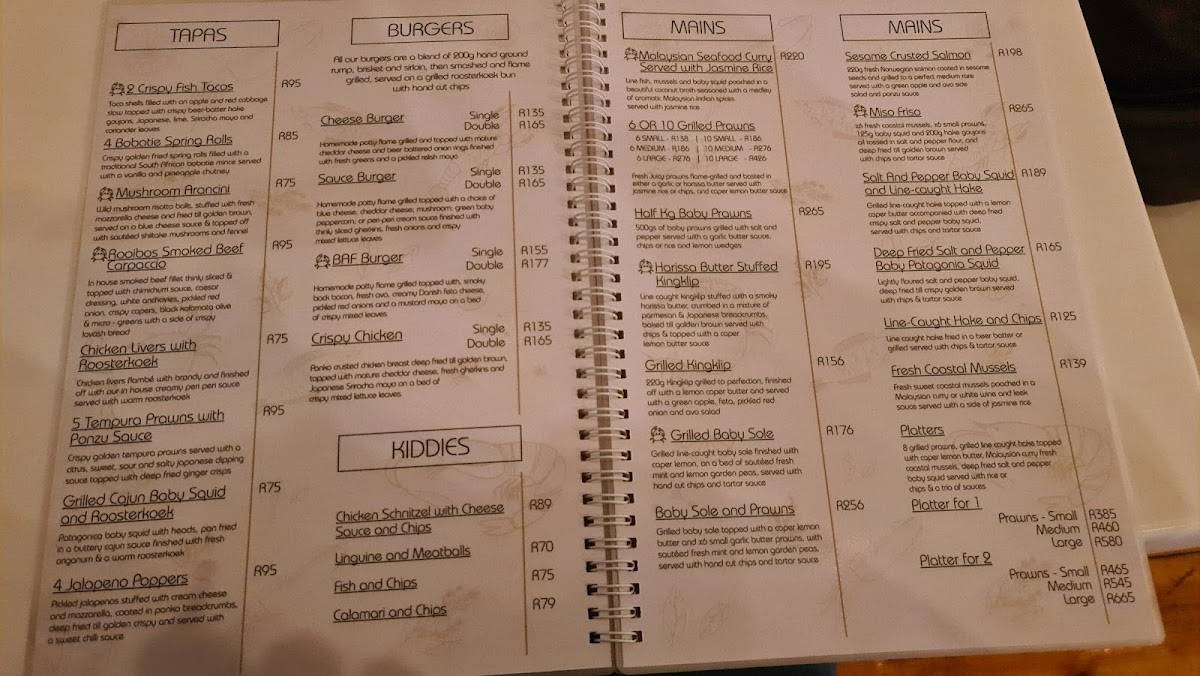 Carta del restaurante The Black Pearl Seafood Bistro, Bredasdorp
